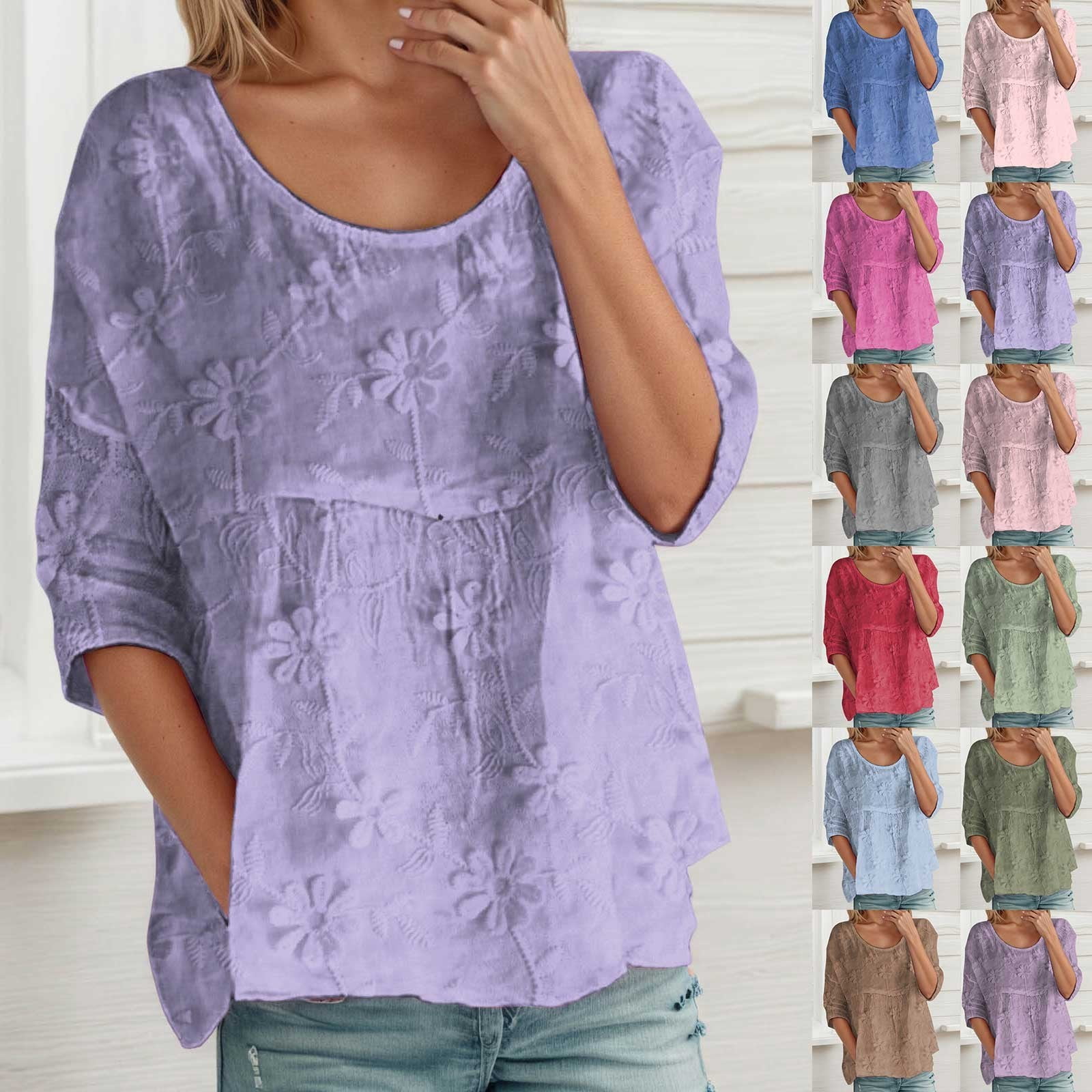 Boho Tops for Women Batwing Print Pleated Crewneck Mid Sleeve Relaxed ...