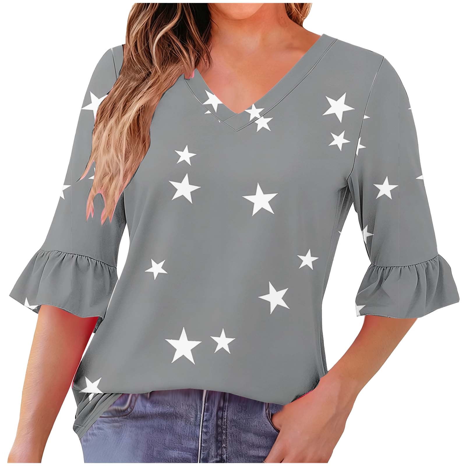 Boho Tops for Women Beautiful V Neck Floral Pattern 3/4 Sleeve Tees ...