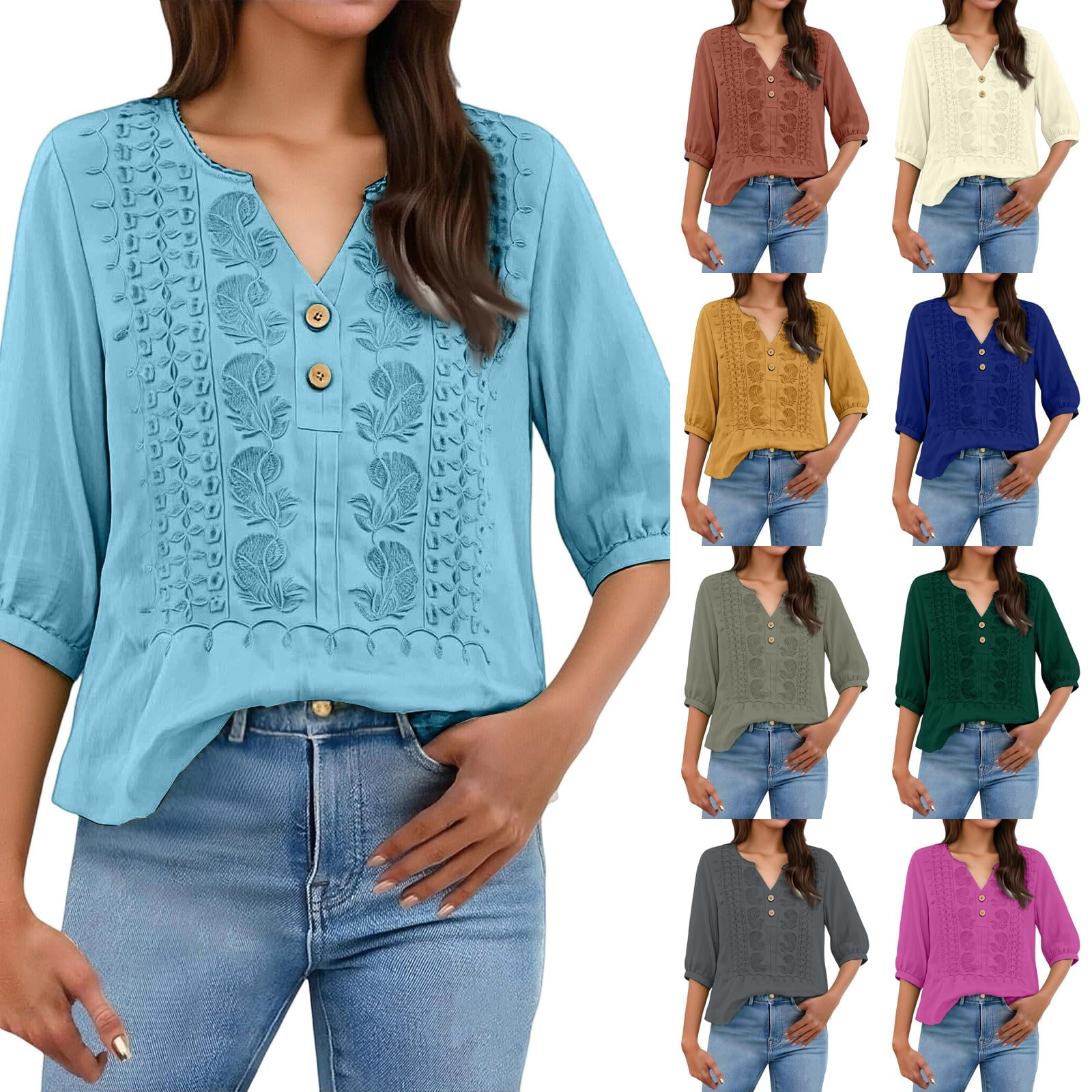Boho Tops for Women Blouses Casual V Neck 3/4 Sleeve Shirts Outfits ...