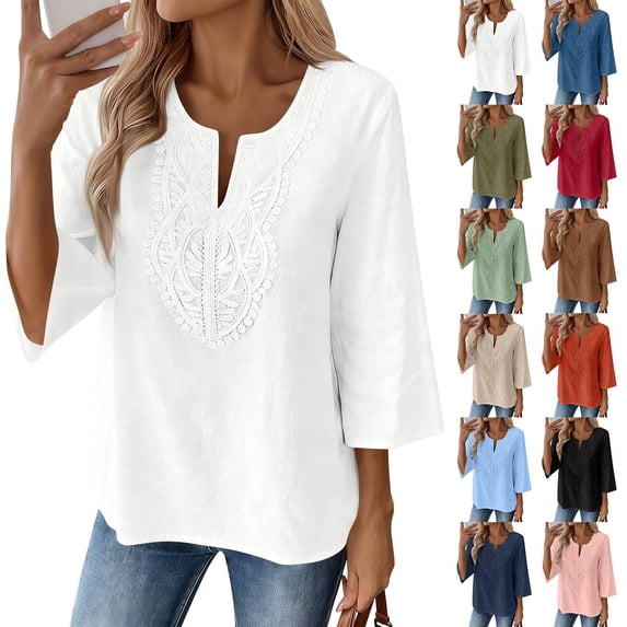 Boho Tops for Women Blouses Dressy Casual V Neck 3/4 Sleeve Shirts ...