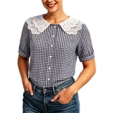 Boho Tops for Women Button Down Plaid Print Lace Trim Collar Short ...