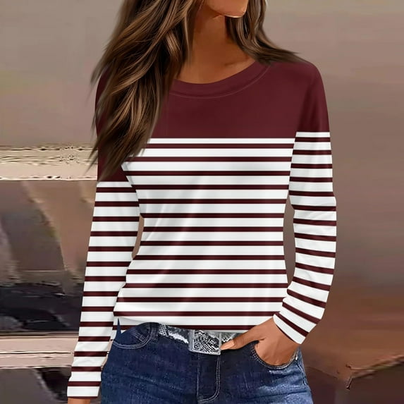 Boho Tops for Women Colorful Striped Crew Neck Long Sleeve Shirts for ...