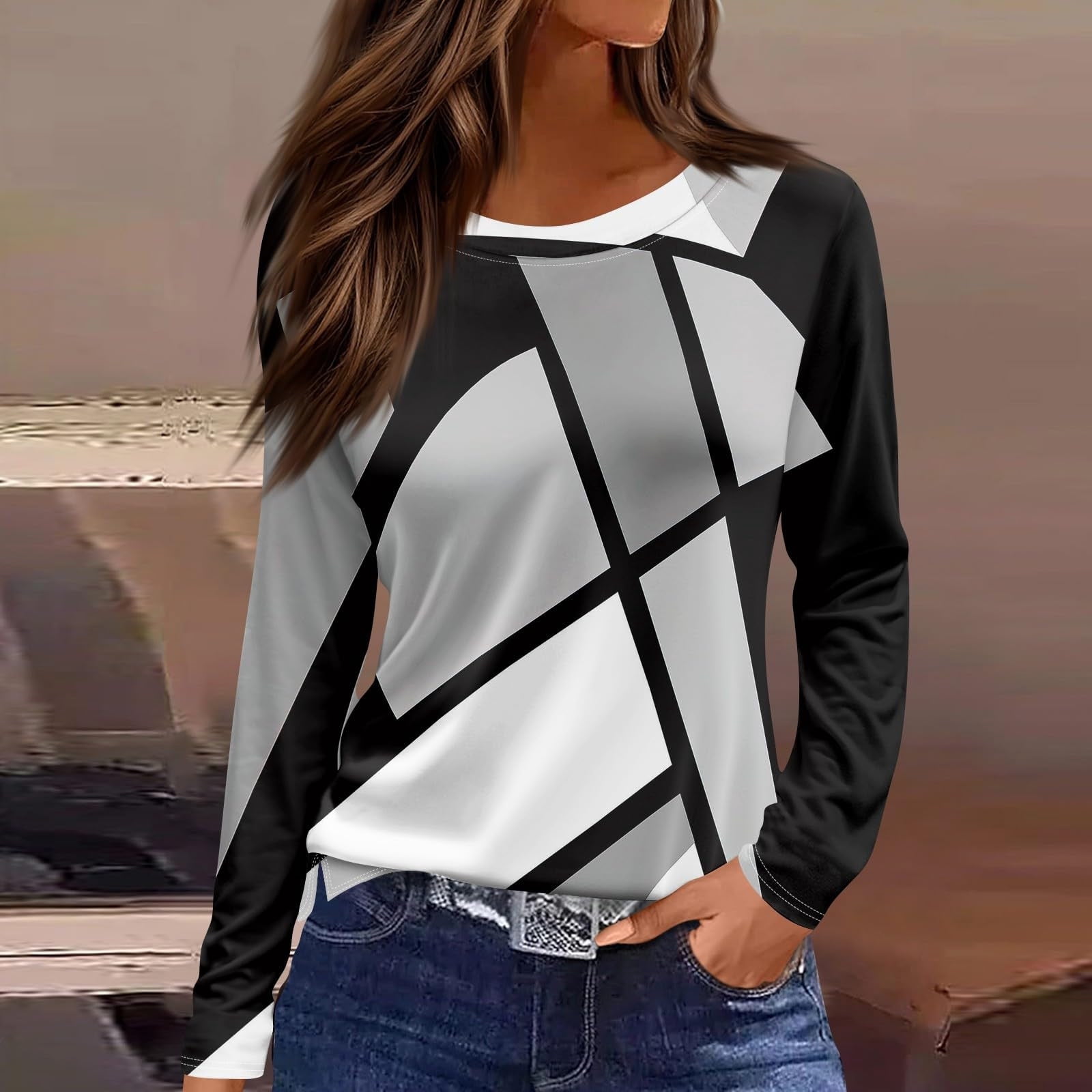 Boho Tops for Women Colorful Striped Crew Neck Long Sleeve Shirts for ...