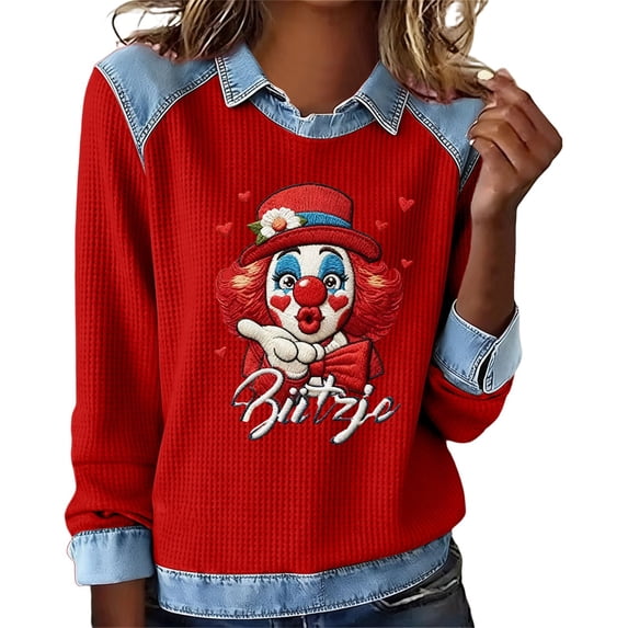 Boho Tops for Women Denim Collar Patch Long Sleeve Loose Fit Cartoon ...