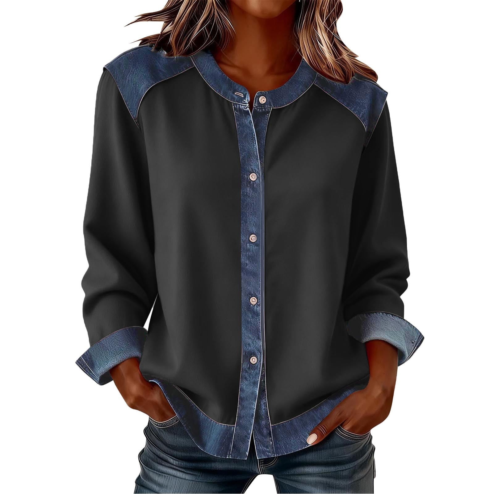 Boho Tops for Women Denim Patchwork Button Down Long Sleeve Open Front ...