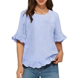 Boho Tops for Women Fashion Striped Short Sleeve Back Buttons Round ...