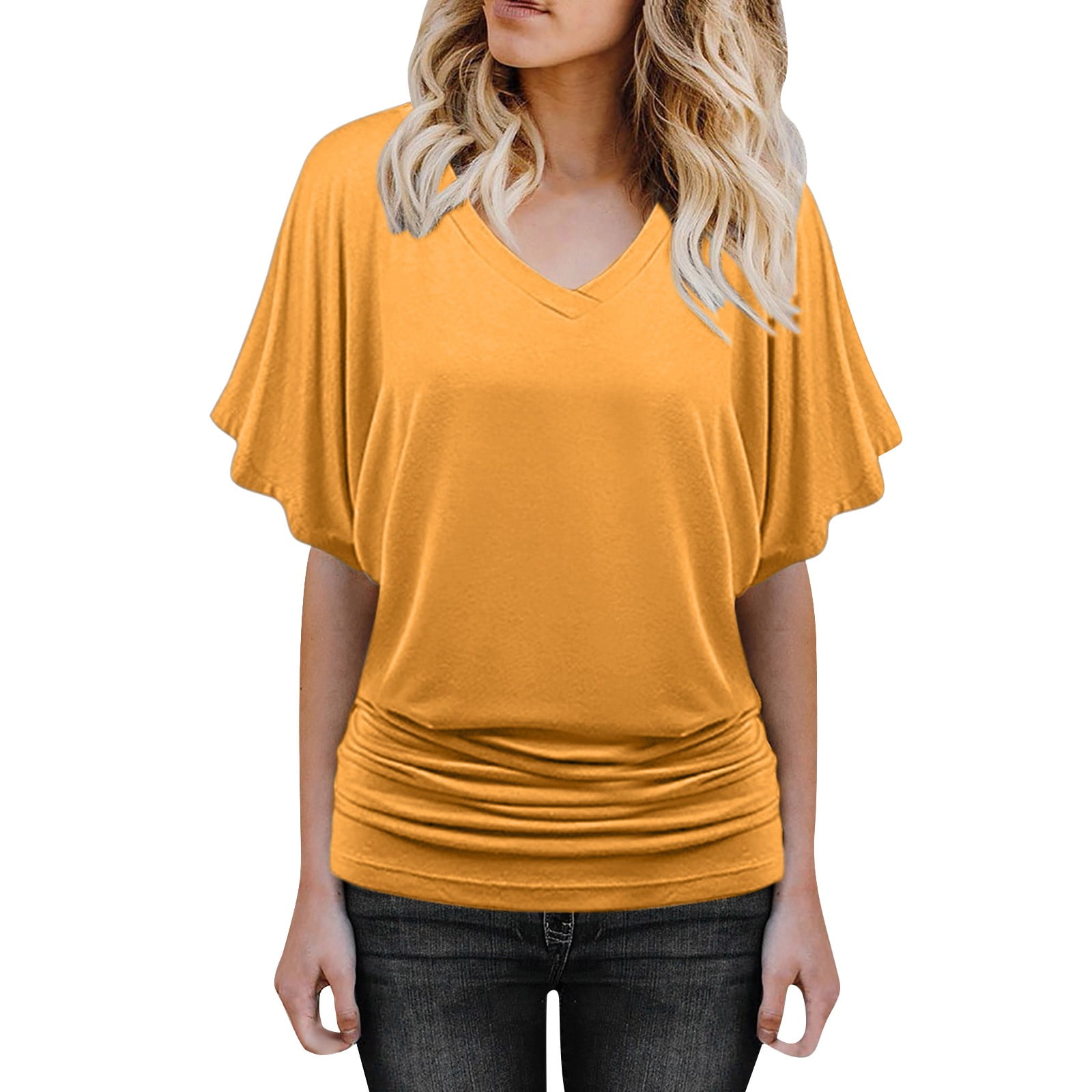 Boho Tops for Women Fashion V Neck Solid Hem Sleeve Loose Batwing Fold ...
