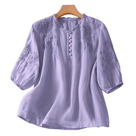 Boho Tops for Women Floral Embroidery Collar Loose Three Quarter Sleeve ...