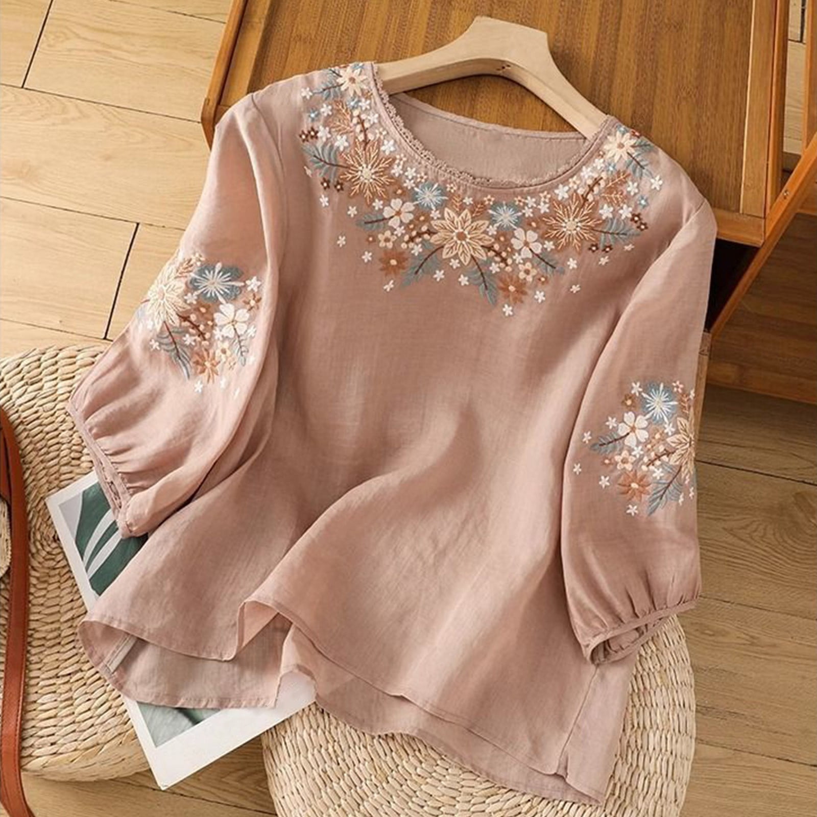 Boho Tops for Women Linen Cotton Embroidered Peasant 3/4 Sleeve Blouses ...
