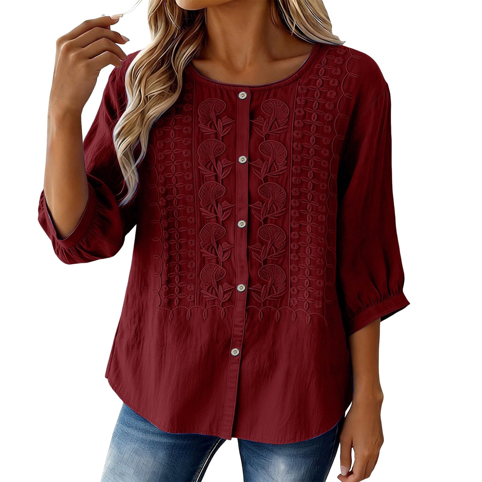 Boho Tops for Women Linen Cotton Embroidered Peasant Blouses ...