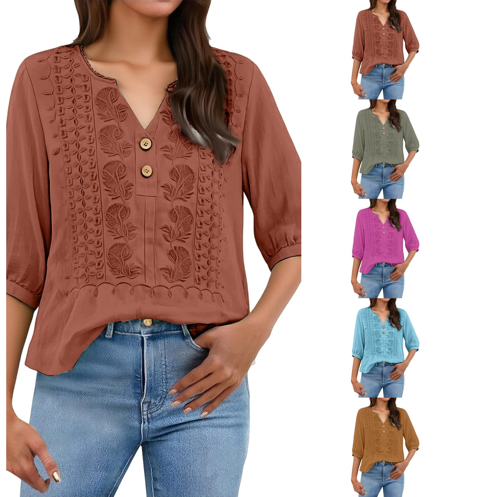 Boho Tops for Women Linen Cotton Embroidered Peasant Blouses ...