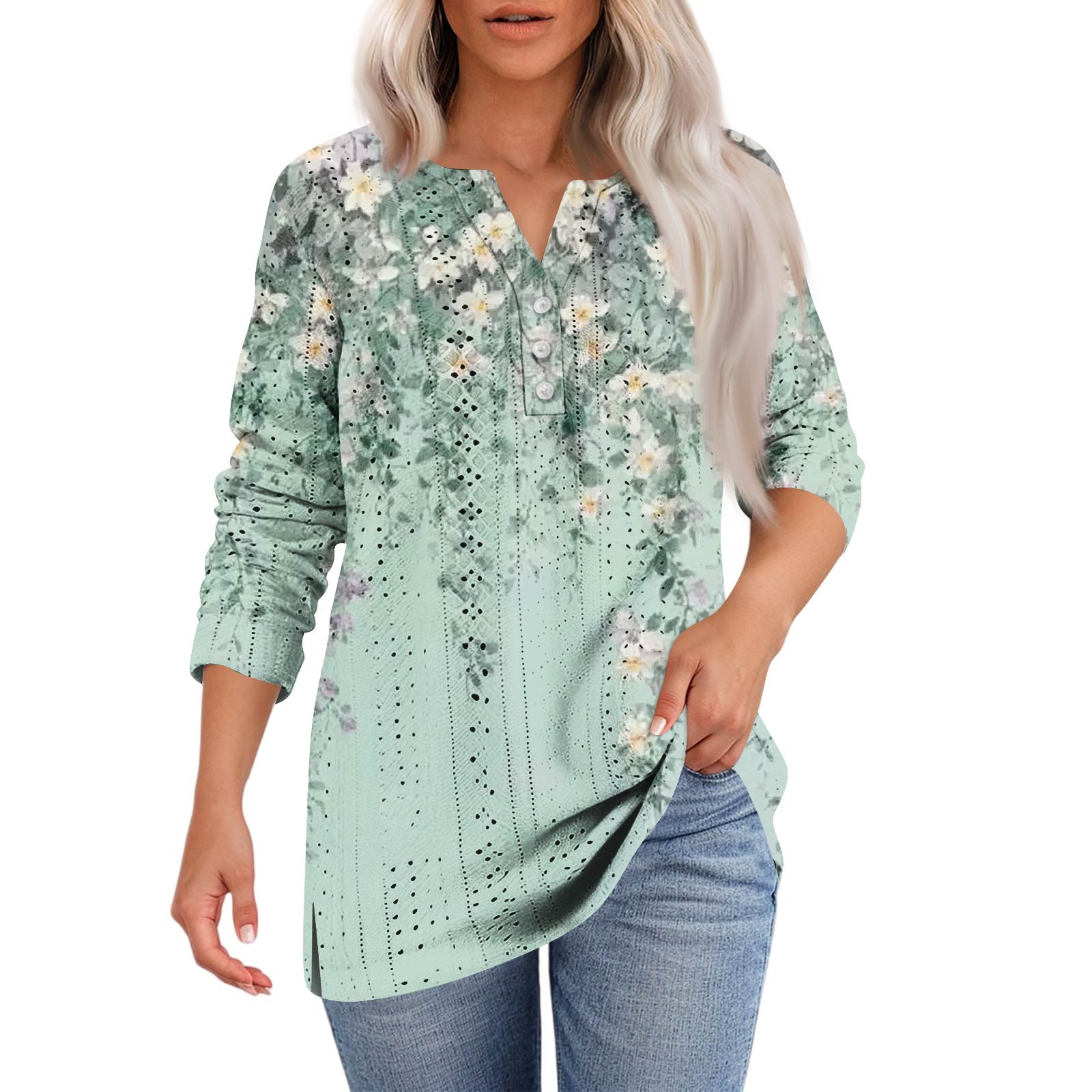 Boho Tops for Women Plus Size Long Sleeve Henley Floral Print Tshirt ...