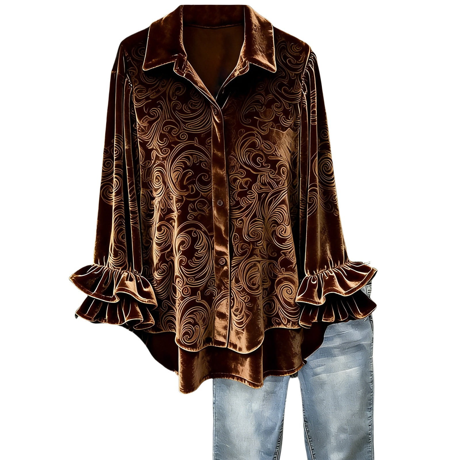 Boho Tops for Women Print Pattern Fashion Long Sleeve Versatile Turn ...