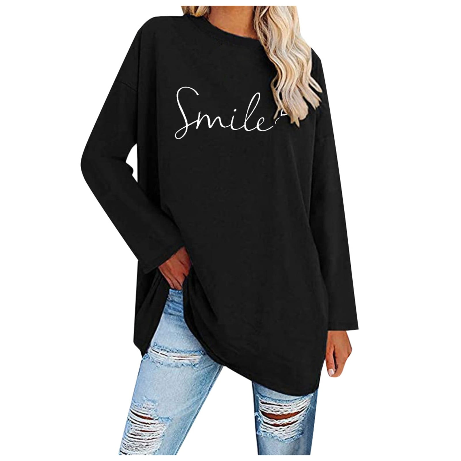 Boho Tops for Women Pure Color Round Neck Long Sleeved Ladies Clothing ...