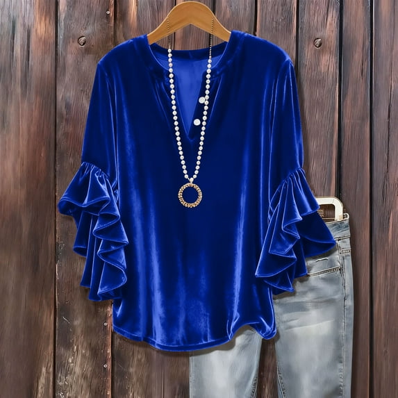 Boho Tops for Women Retro Velvet Shirt 3/4 Ruffle Sleeve Button V-Neck ...