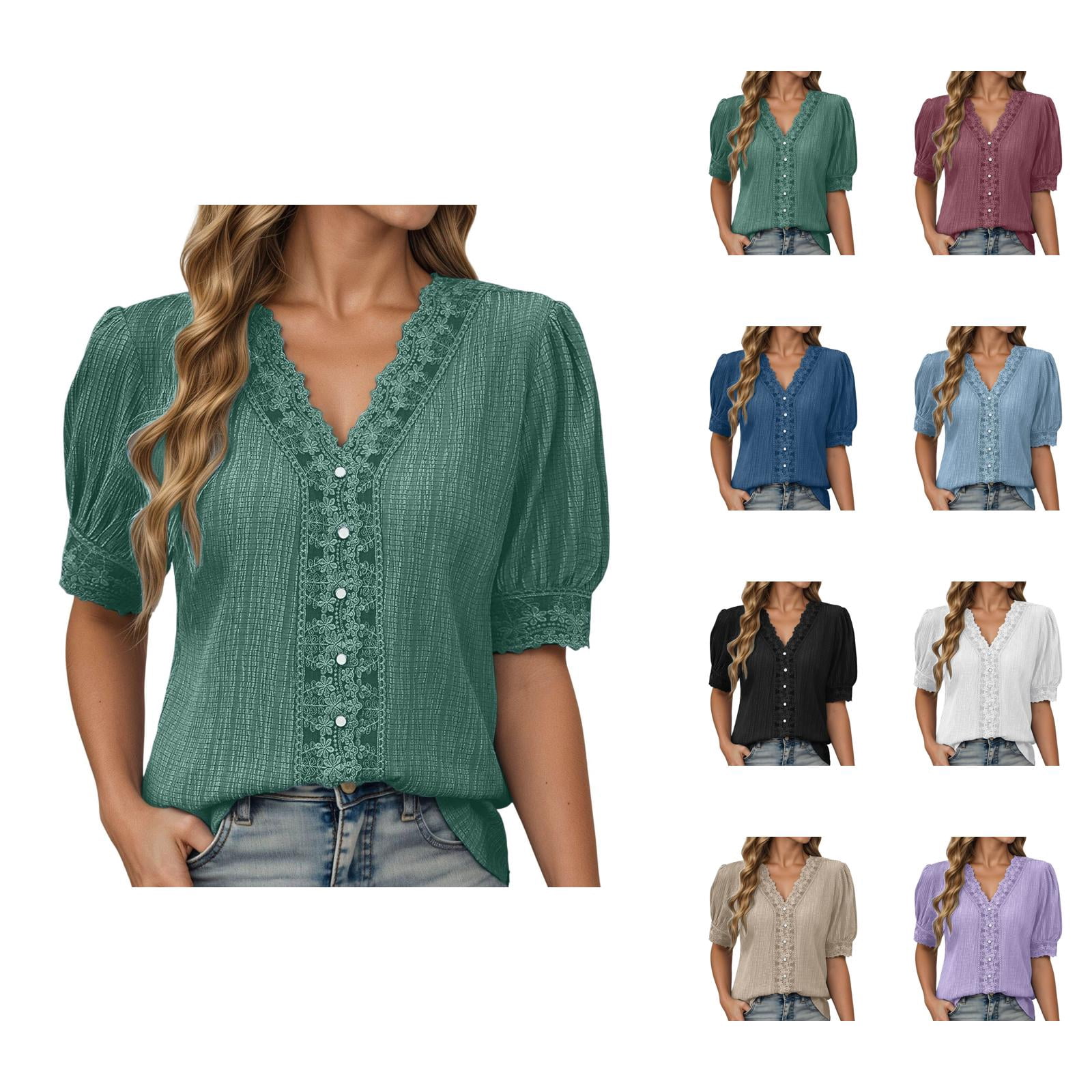 Boho Tops for Women Short Puff Sleeve Lace Trim V Neck Dressy Casual ...