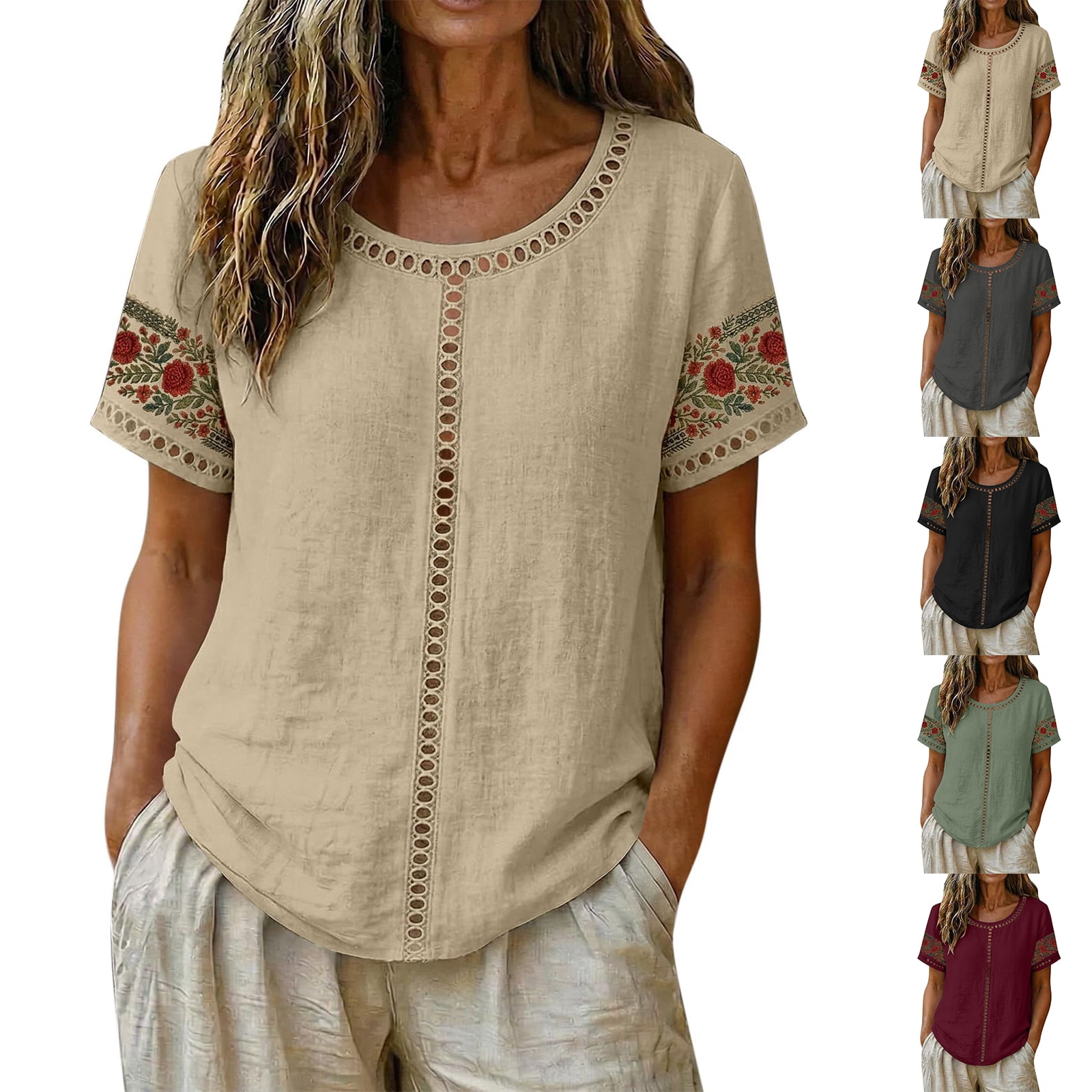 Boho Tops for Women Short Sleeve Round Neck Hollow Out Shirts Floral ...