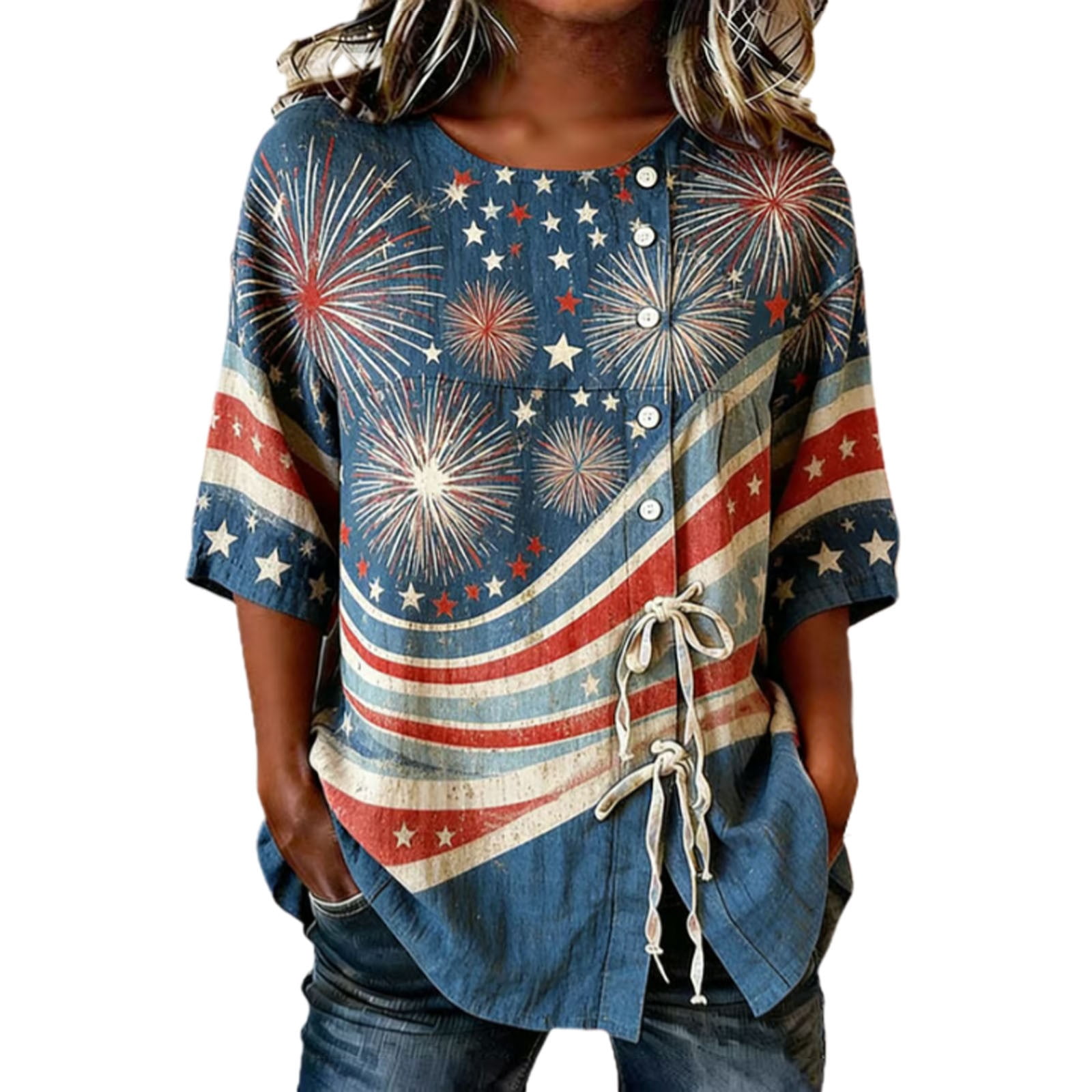 Boho Tops for Women Short Sleeve Tie Independence Day Beach Clothes for ...