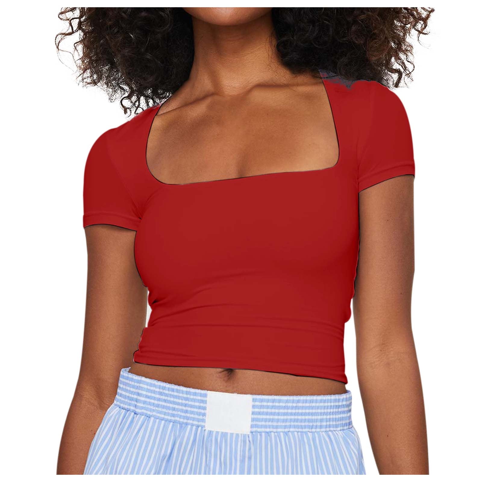 Boho Tops for Women Slim Fit Solid Color Short Sleeve Square Neckline ...