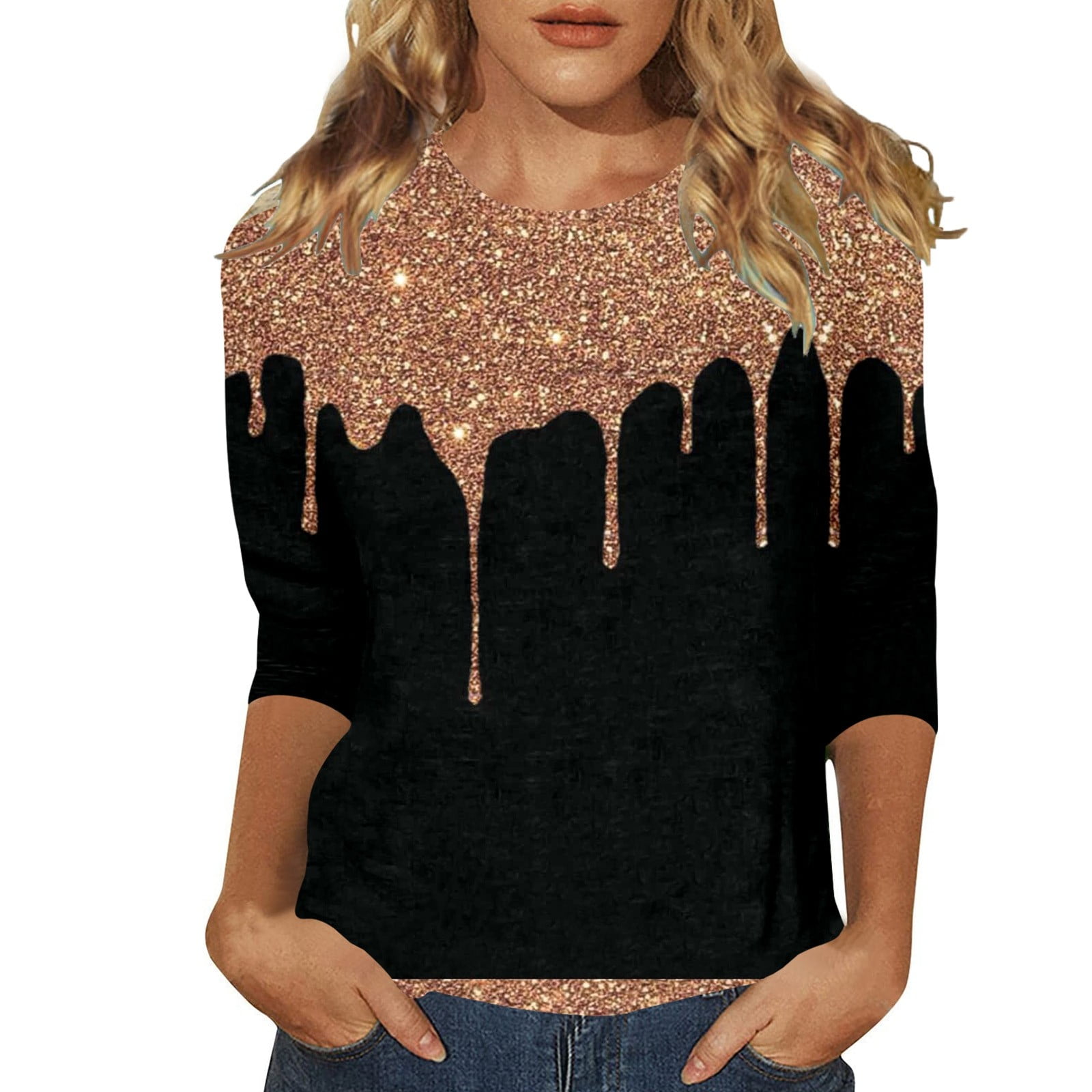 Boho Tops for Women Sparkly Graphic Three Quarter Sleeve Fashion ...