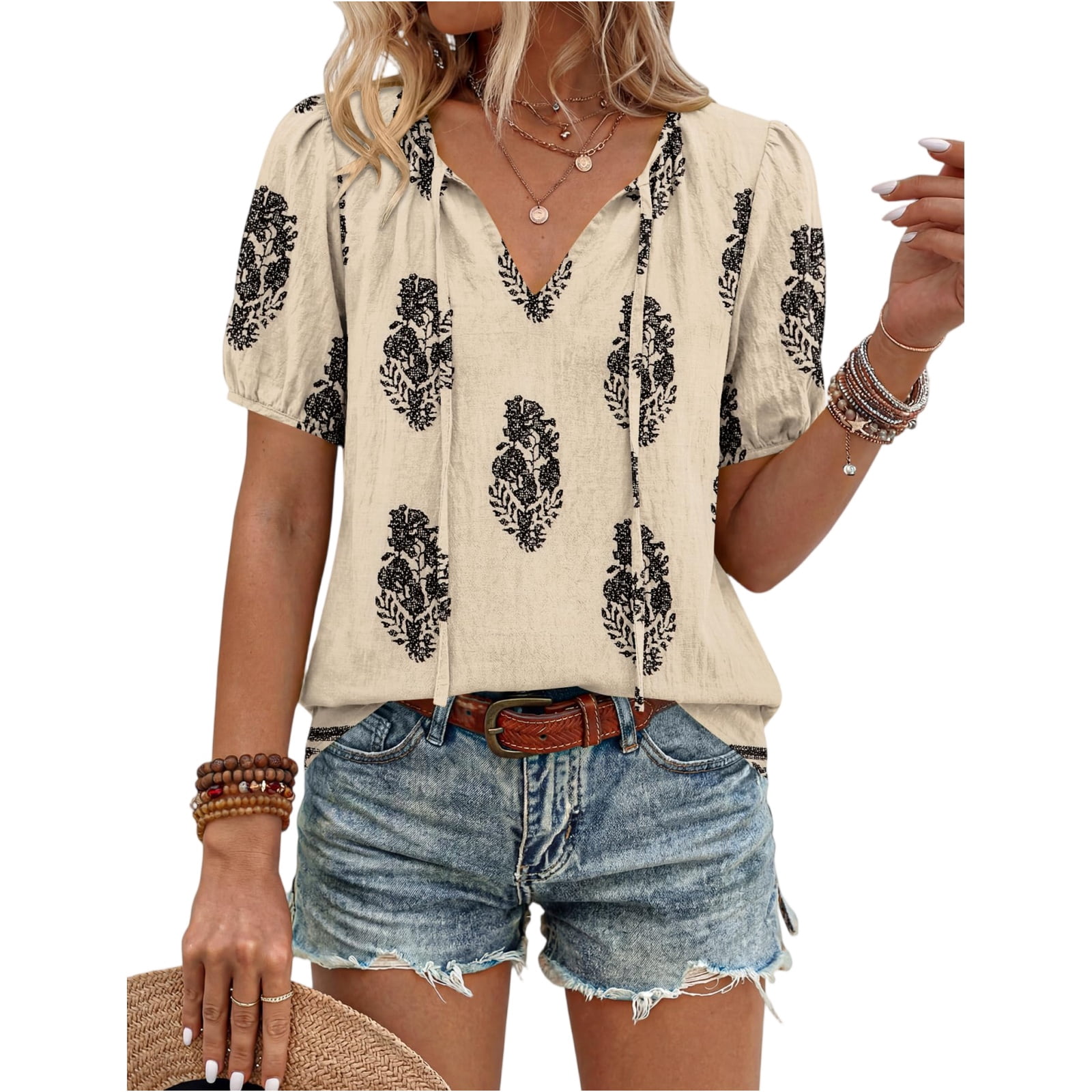 Boho Tops for Women Summer Casual Vintage Printed V Neck Blouses Puff ...