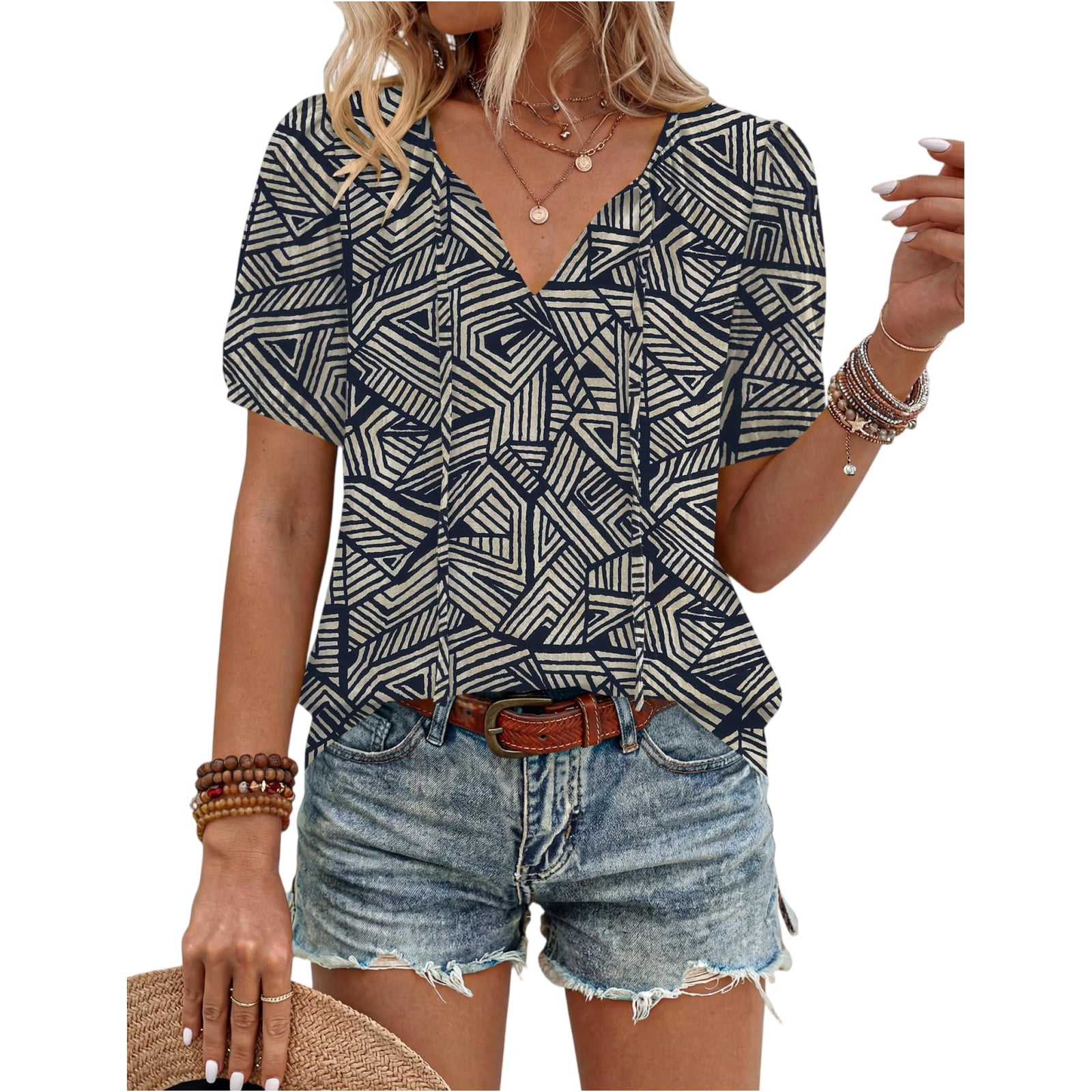 Boho Tops for Women Summer Casual Vintage Printed V Neck Blouses Puff ...
