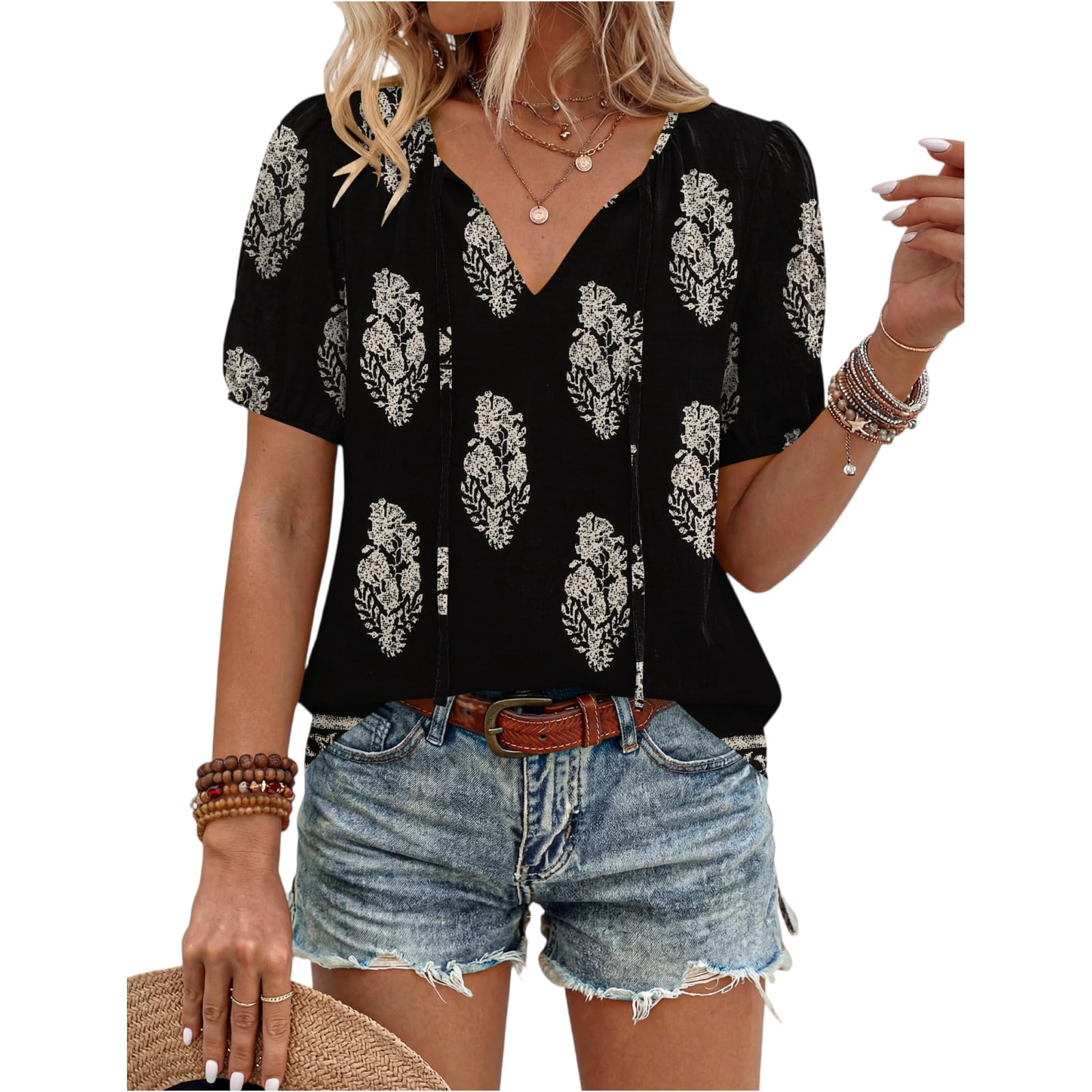 Boho Tops for Women Summer Casual Vintage Printed V Neck Blouses Puff ...