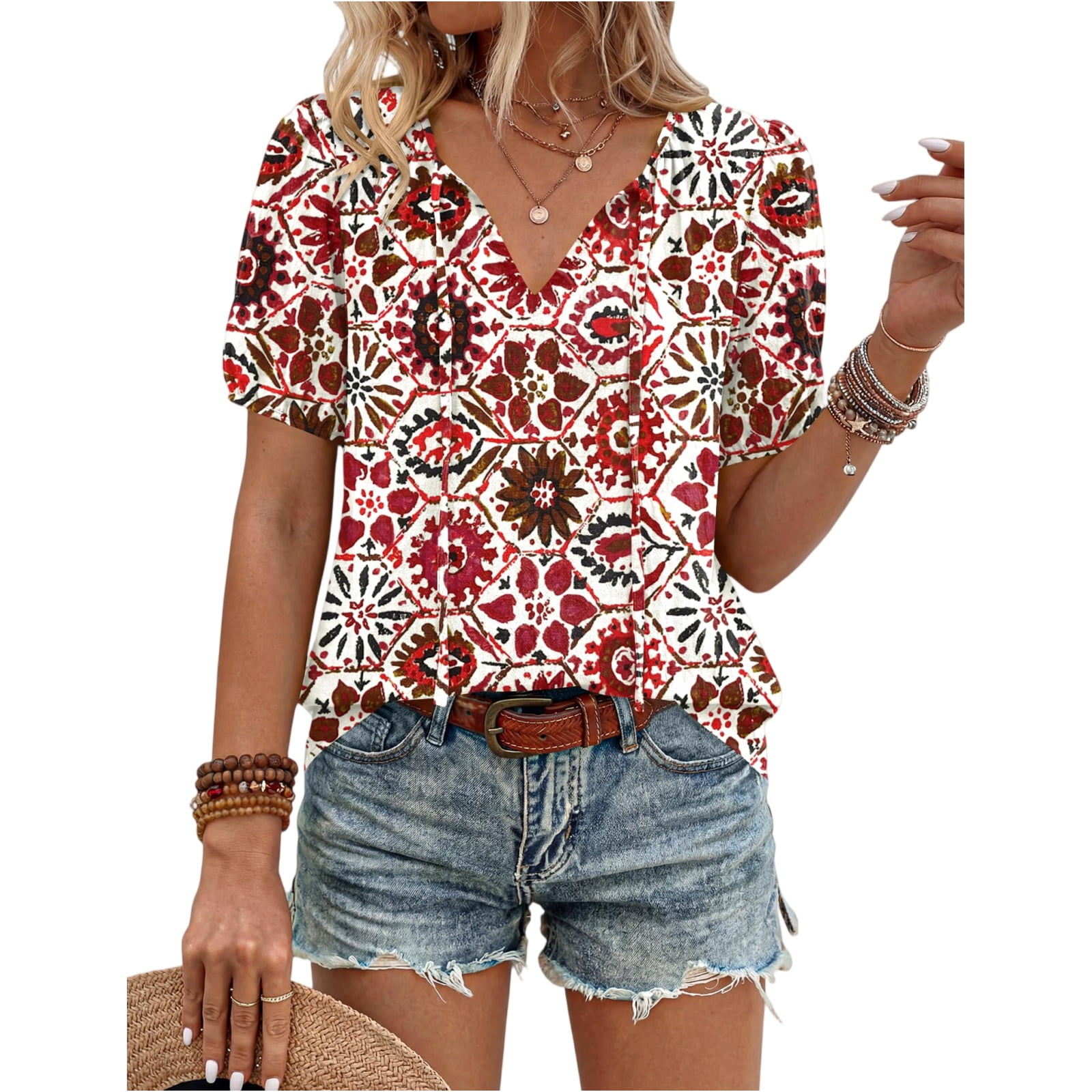Boho Tops for Women Summer Casual Vintage Printed V Neck Blouses Puff ...