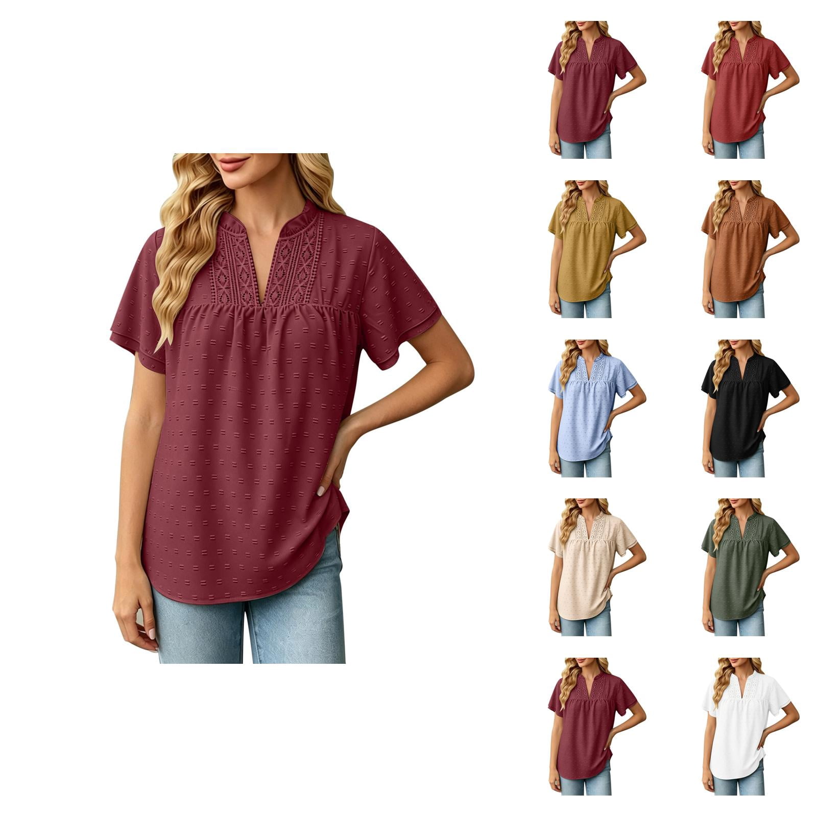 Boho Tops for Women Summer Short Sleeve Lace V Neck Swiss Dot Loose ...