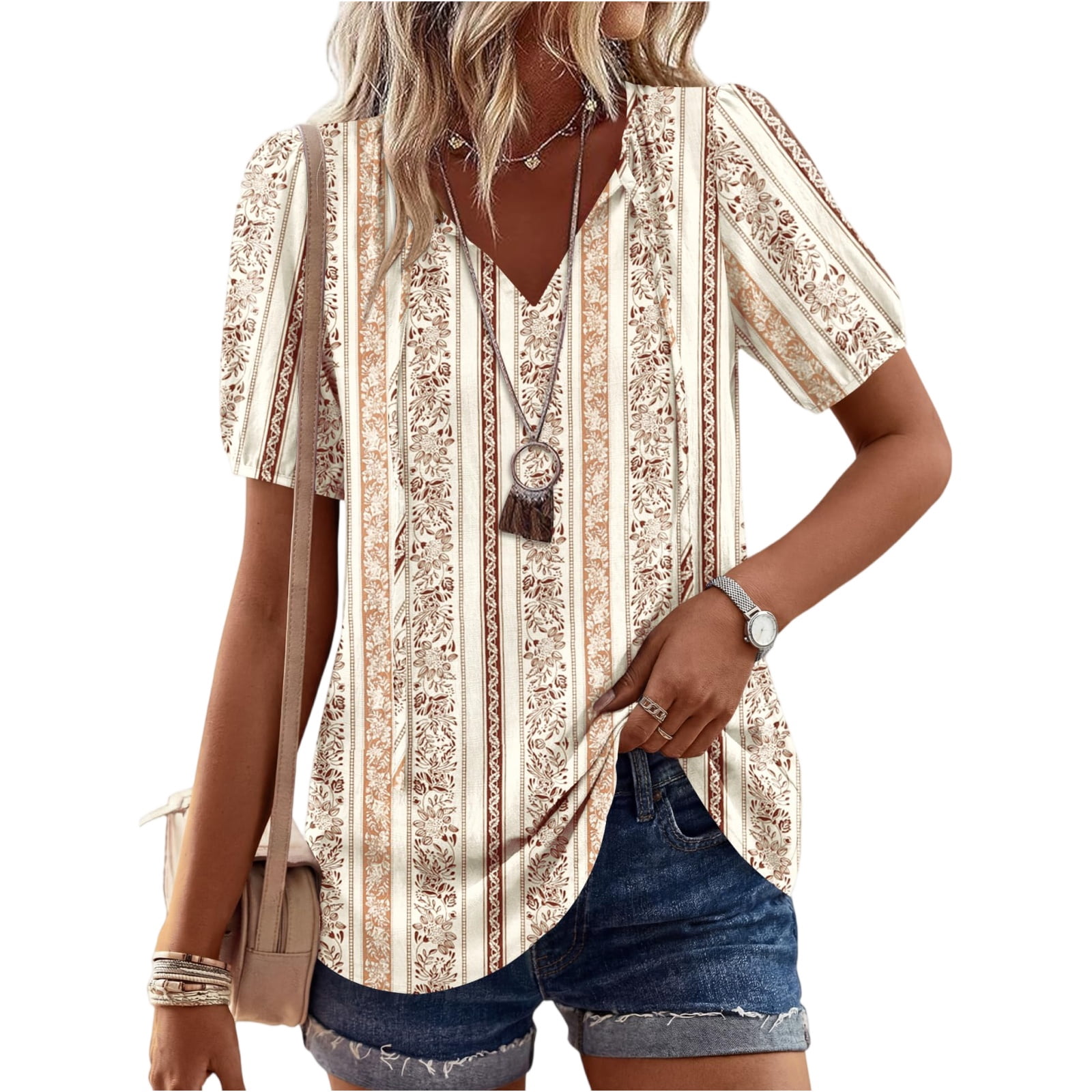 Boho Tops for Women Summer V-Neck Tie Front Peasant Blouses Casual Puff ...