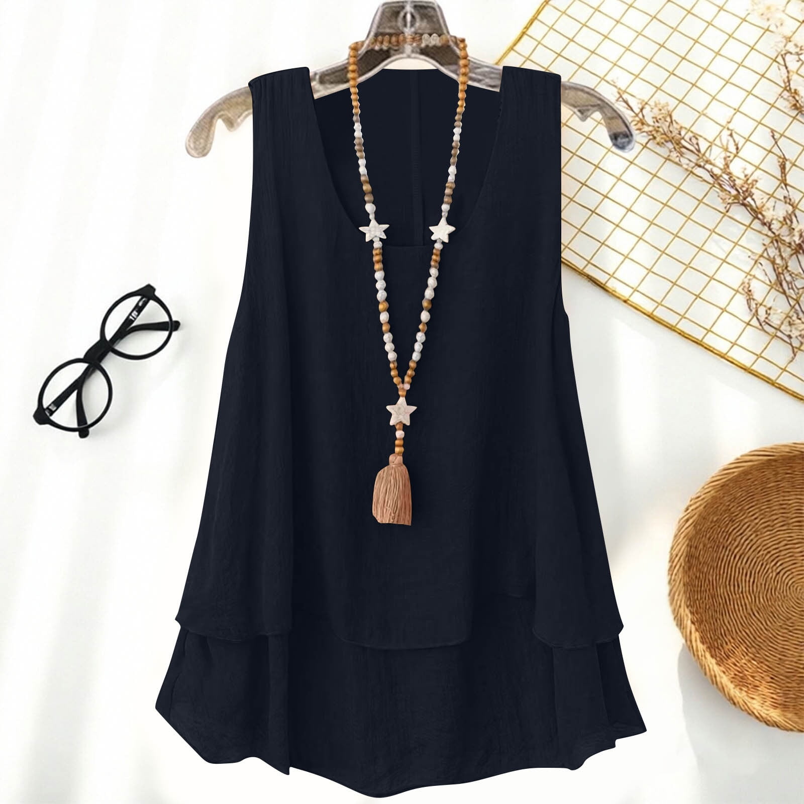 Boho Tops for Women U Neck Camisole Layered Linen T Shirt Solid Color ...
