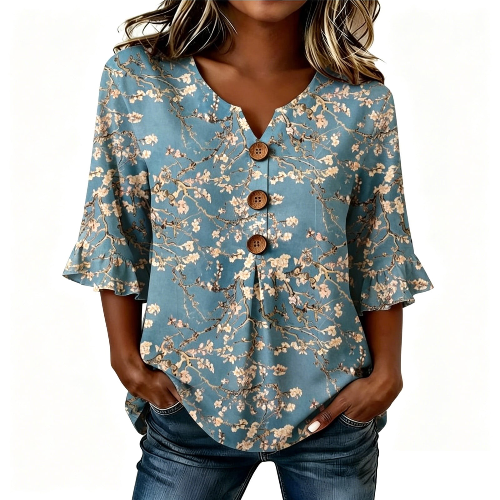 Boho Tops for Women V Neck 3/4 Sleeve Relaxed Button Down Ladies ...