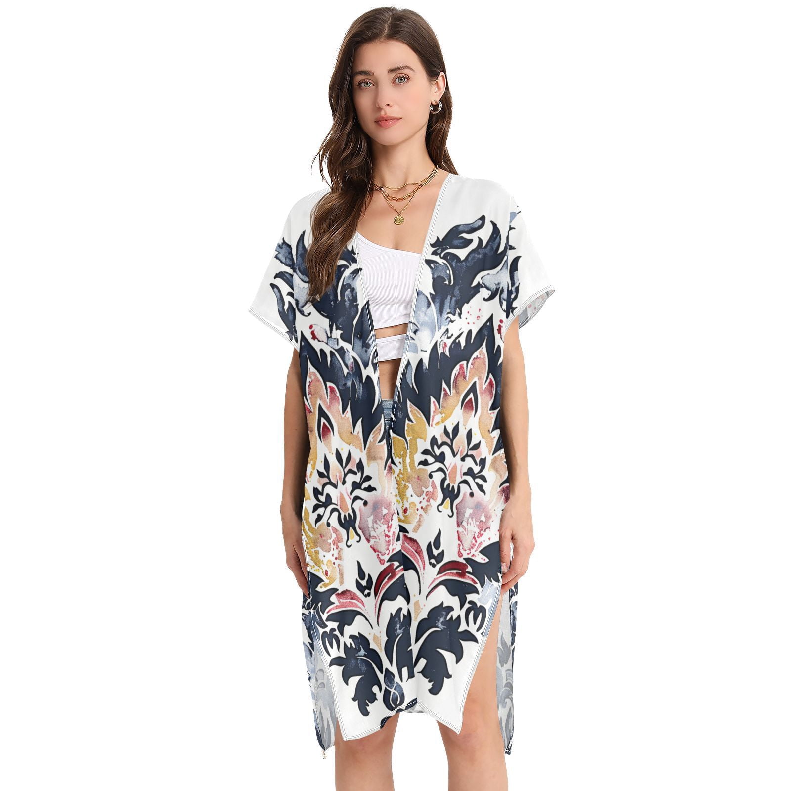 Boho Totem Women Swimsuit Cover up V Neck Beach Dress Short Sleeve ...