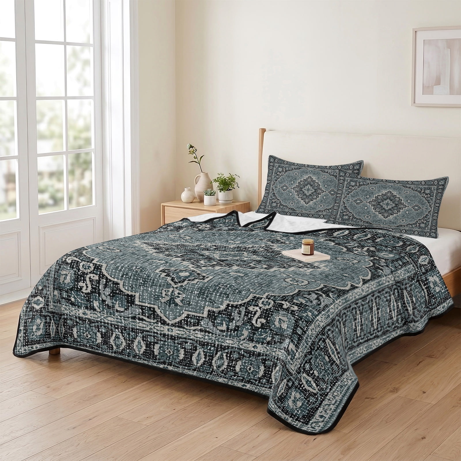 Boho Traditional Flower 3 Pieces Quilt Set,1 Quilt with 2 Shams,Retro ...