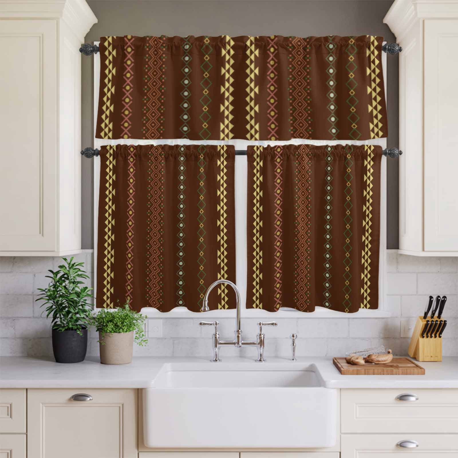 Boho Traditional Tribal Texture Curtain Tier and Valance Set 3 Piece ...