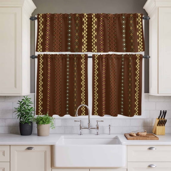 Boho Traditional Tribal Texture Curtain Tier and Valance Set 3 Piece ...