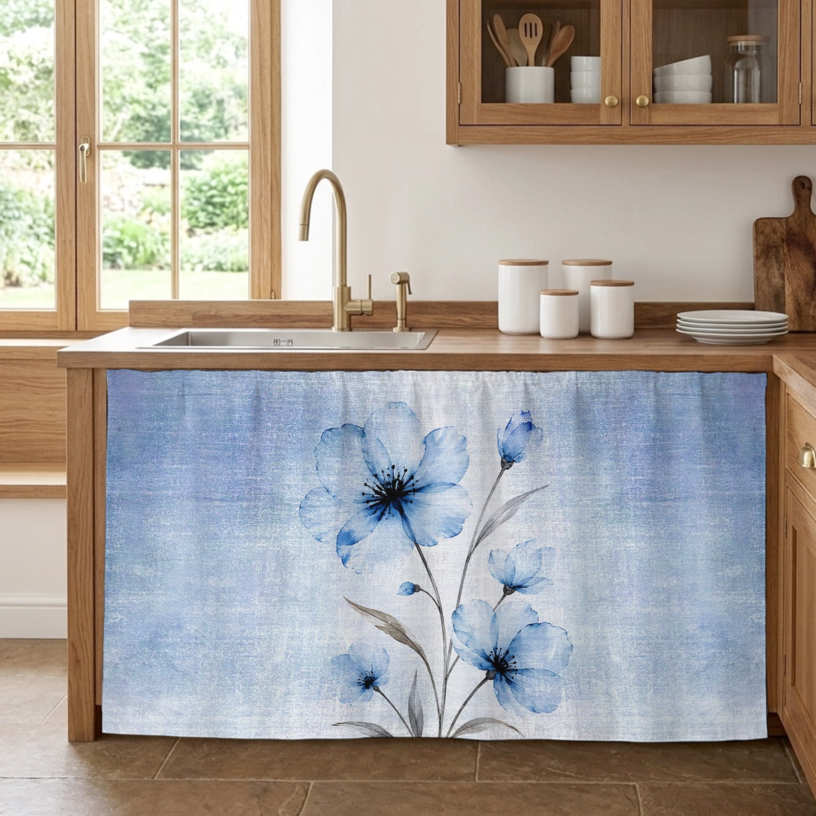 Boho Translucent Floral Cabinet Curtains 28" W x 51" L, Shabby Chic ...