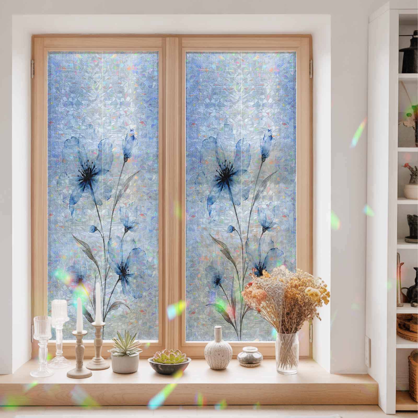 Boho Translucent Floral Window Privacy Film Shabby Chic Blue Flower ...