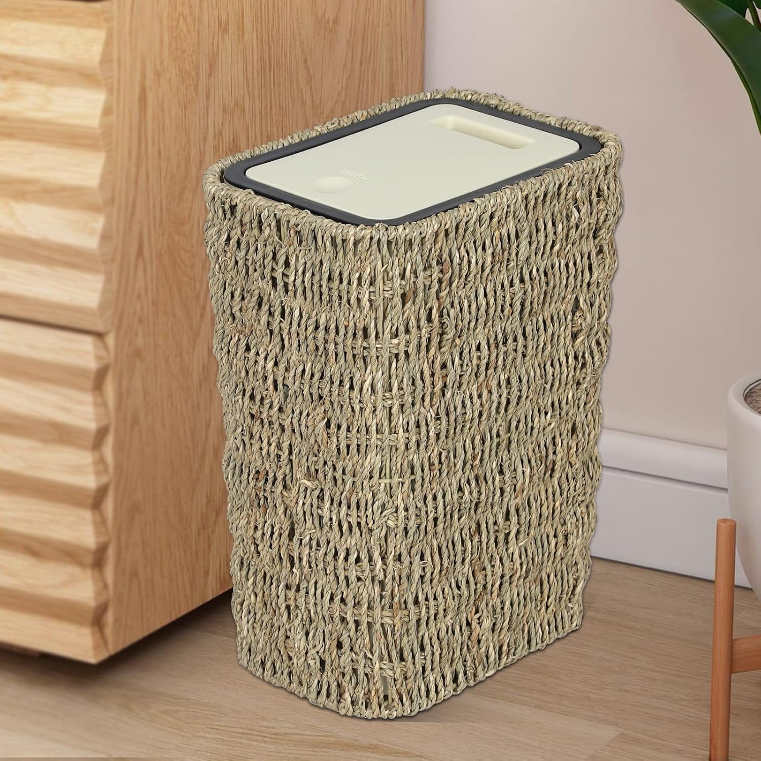 Boho Trash Can with Lid,2.6Gallon Small Rattan Trash Can with Press Top ...