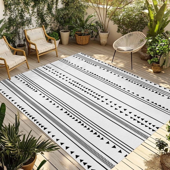 Boho Triangle Outdoor Rug, Stripes Geometric Black Non-Slip Area Rugs ...
