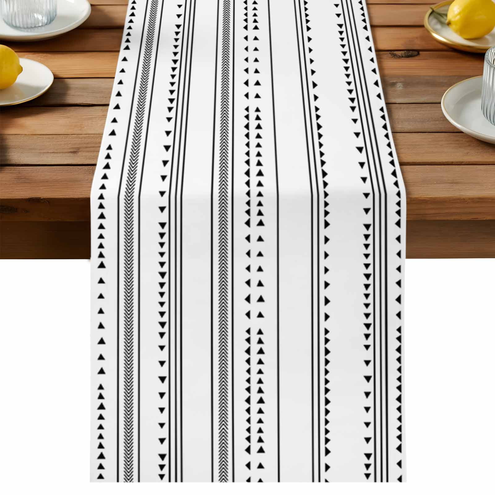 Boho Triangle Table Runner, Stripes Geometric Black Cotton Linen Table ...