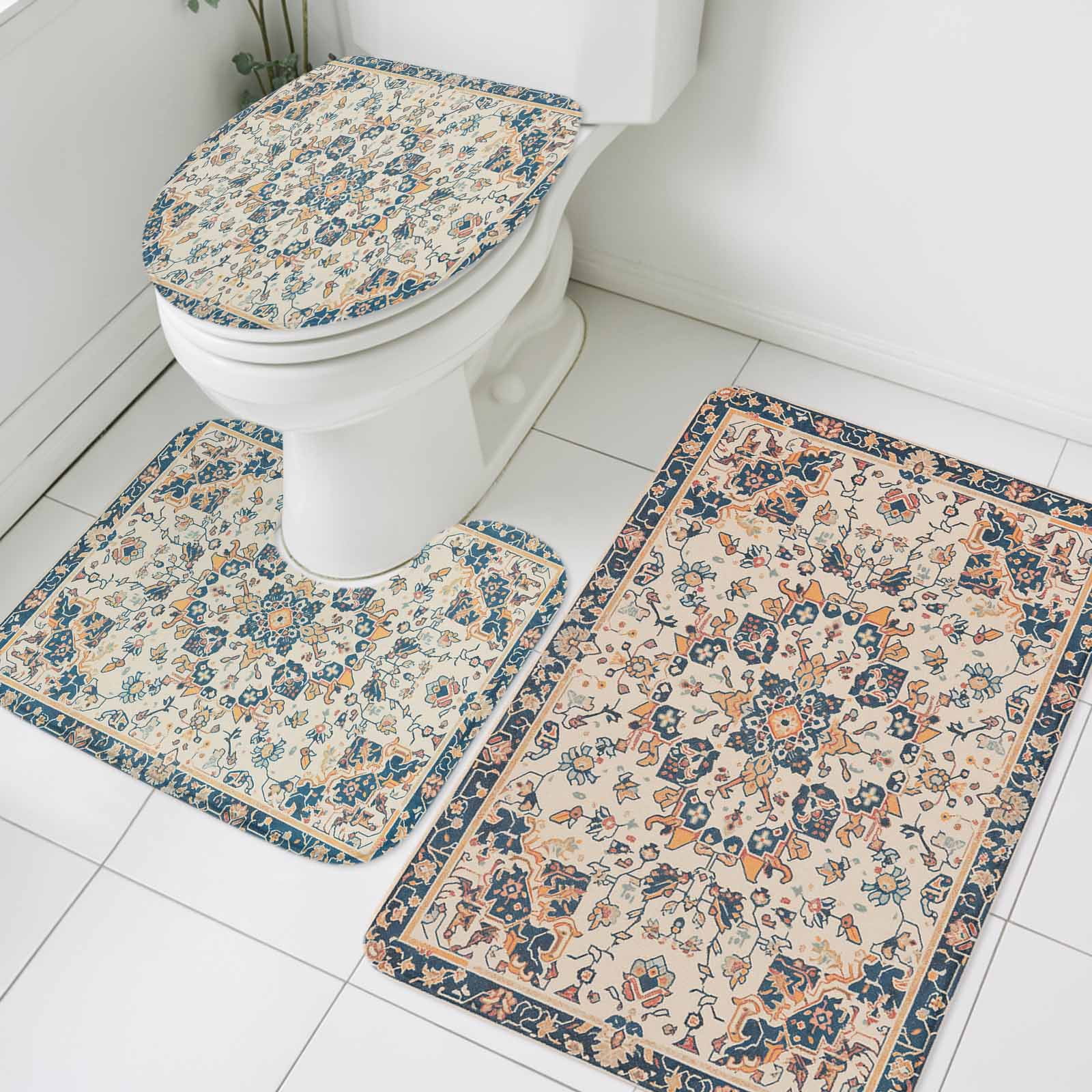 Boho Tribal Bathroom Rugs Set Vintage Flowers Non Slip Absorbent Soft ...