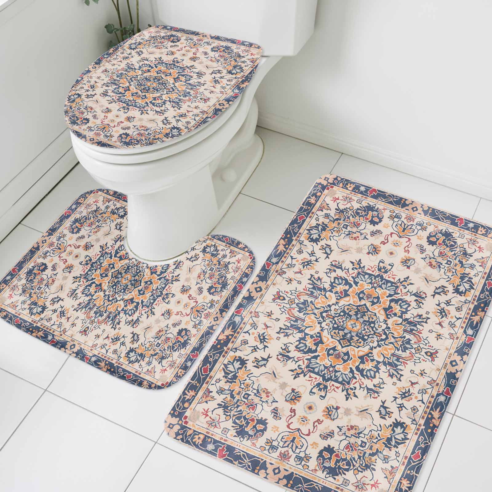 Boho Tribal Bathroom Rugs Set Vintage Style Flowers Non Slip Absorbent ...