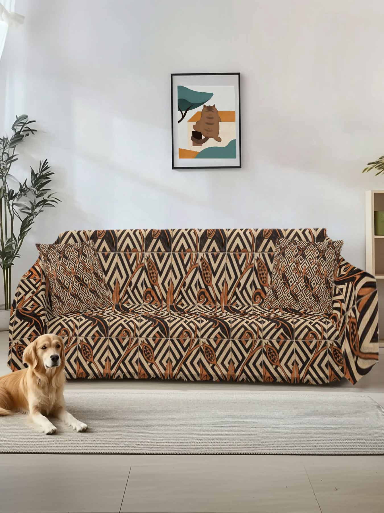 Boho Tribal Couch Cover, Abstract Floral Geometric Pattern Art Vintage ...