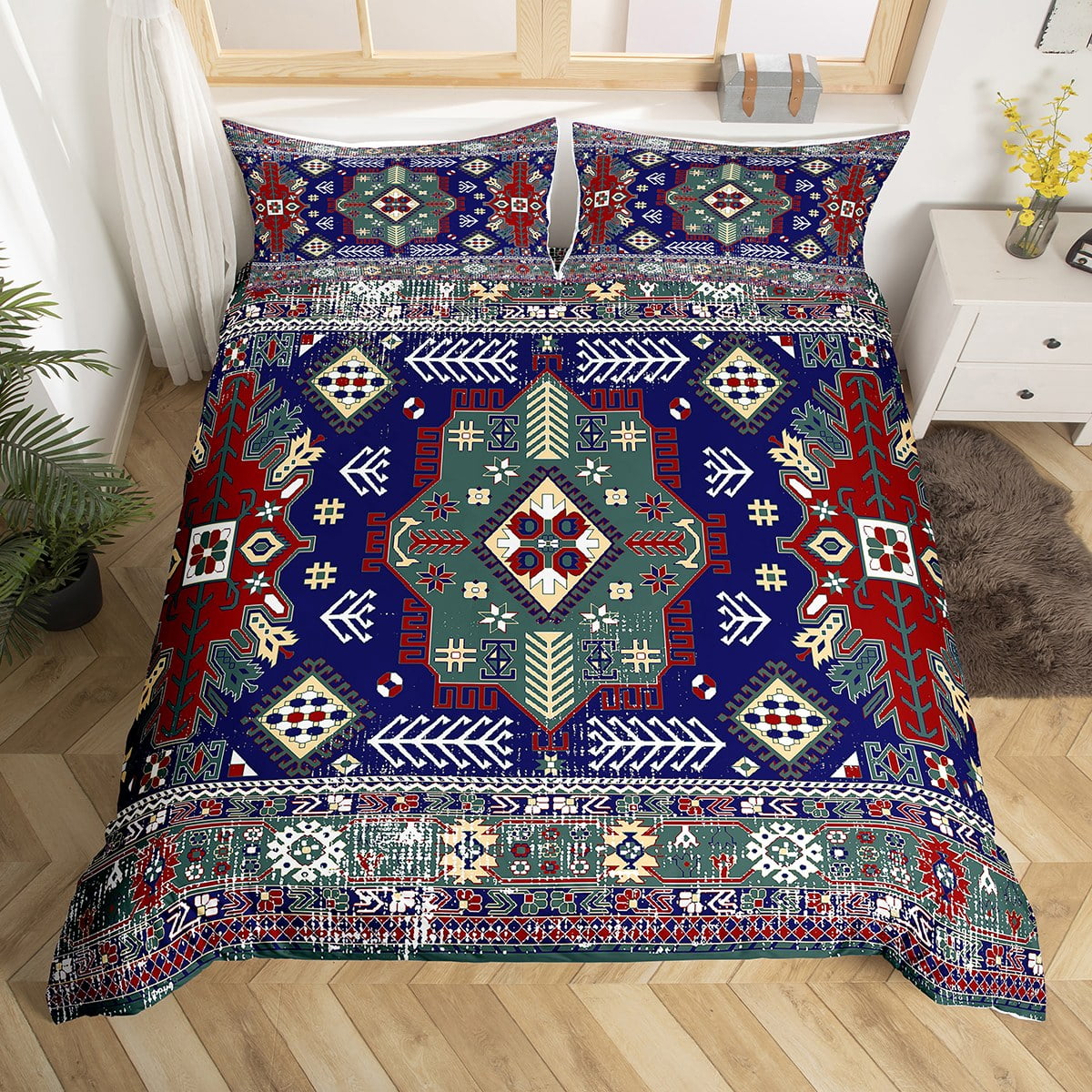 Boho Tribal Duvet Cover King, Retro Exotic Bedding Set, Vintage Lattice ...
