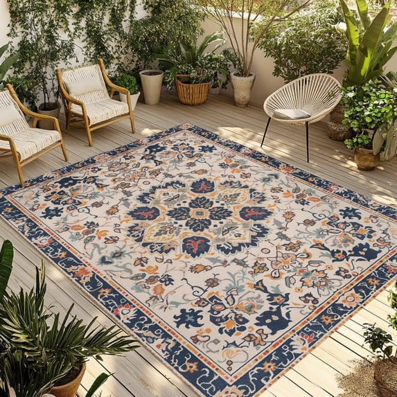 Boho Tribal Outdoor Rug, Retro Flowers Non-Slip Area Rugs Carpet ...