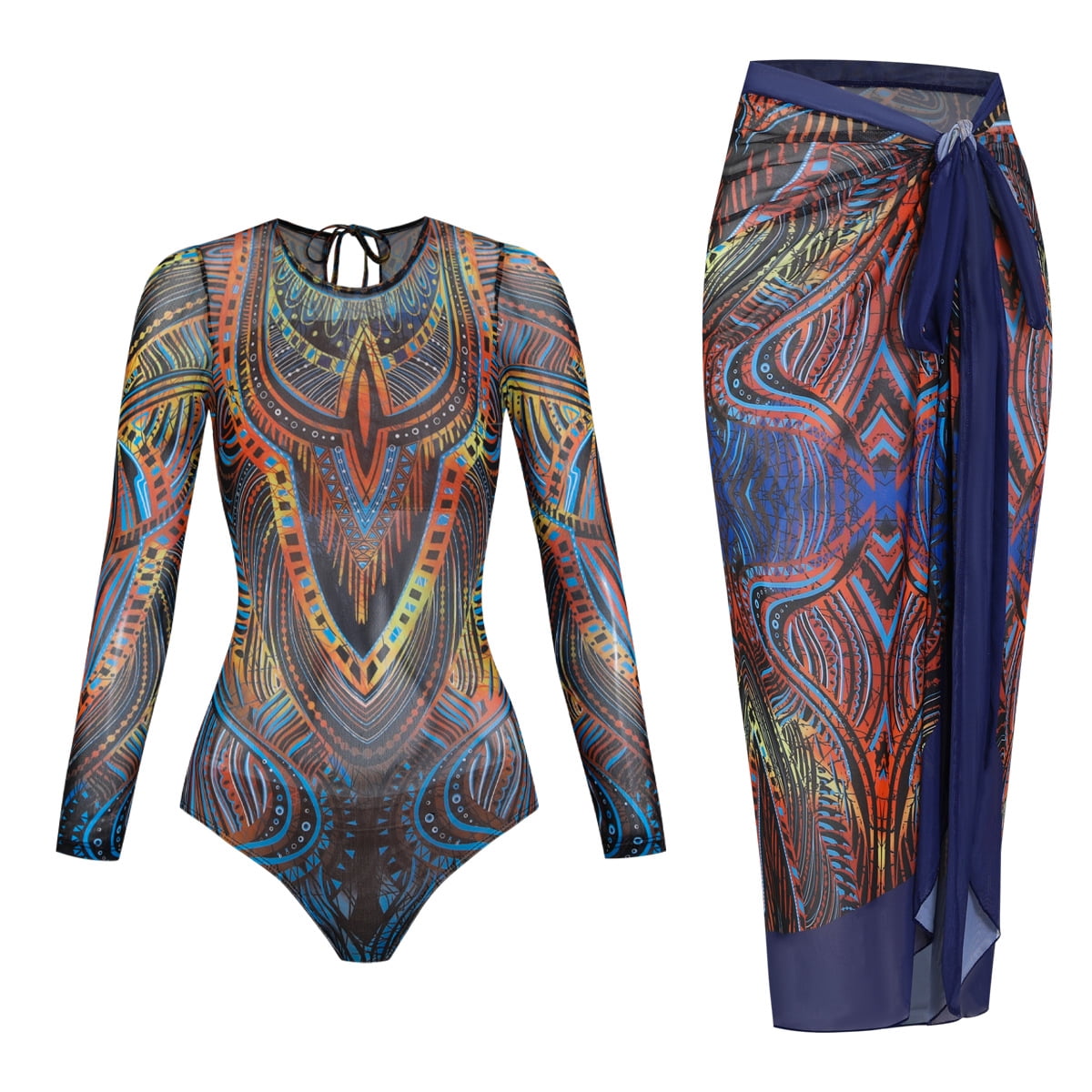 Boho Tribal Sheer Mesh Long Sleeve One-Piece Swimsuit, High Cut Ethnic ...