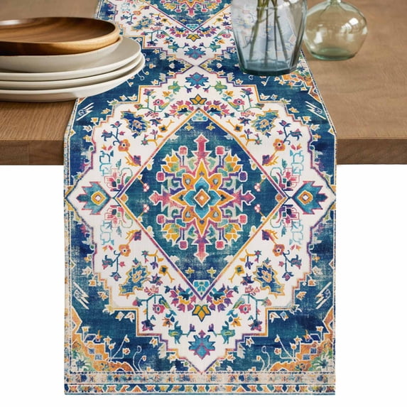 Boho Tribal Table Runner, Retro Style Flowers Cotton Linen Kitchen ...