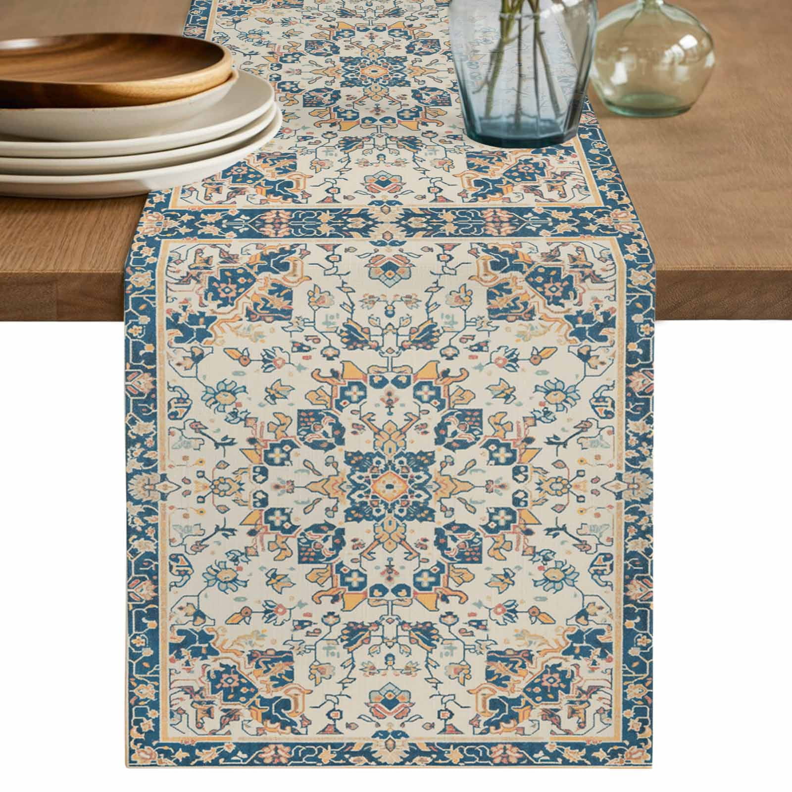 Boho Tribal Table Runner, Vintage Flowers Cotton Linen Kitchen Table ...