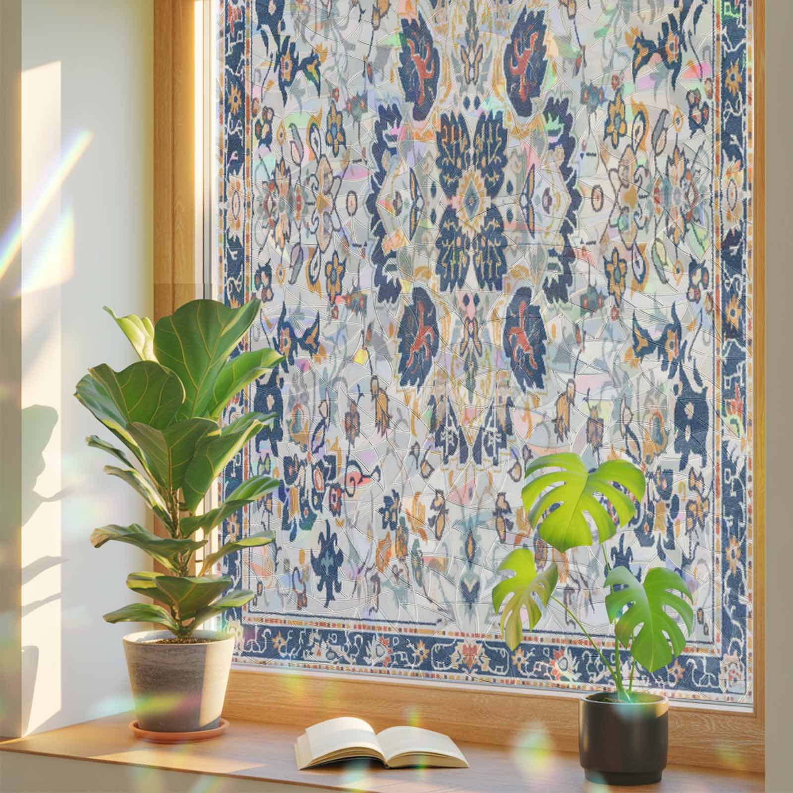 Boho Tribal Window Privacy Film, Retro Flowers Stained Glass Rainbow ...